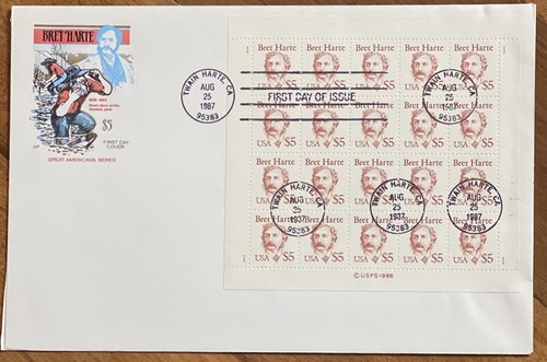 US FDC PLATE BLOCK $ 5 BRET HARTE FULL SHEET 1987 FARNAM LARGE COVER ...