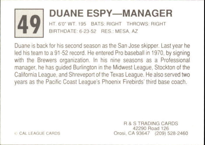 1989 California League All-Stars Cal League Cards #49 Duane Espy MGR | eBay