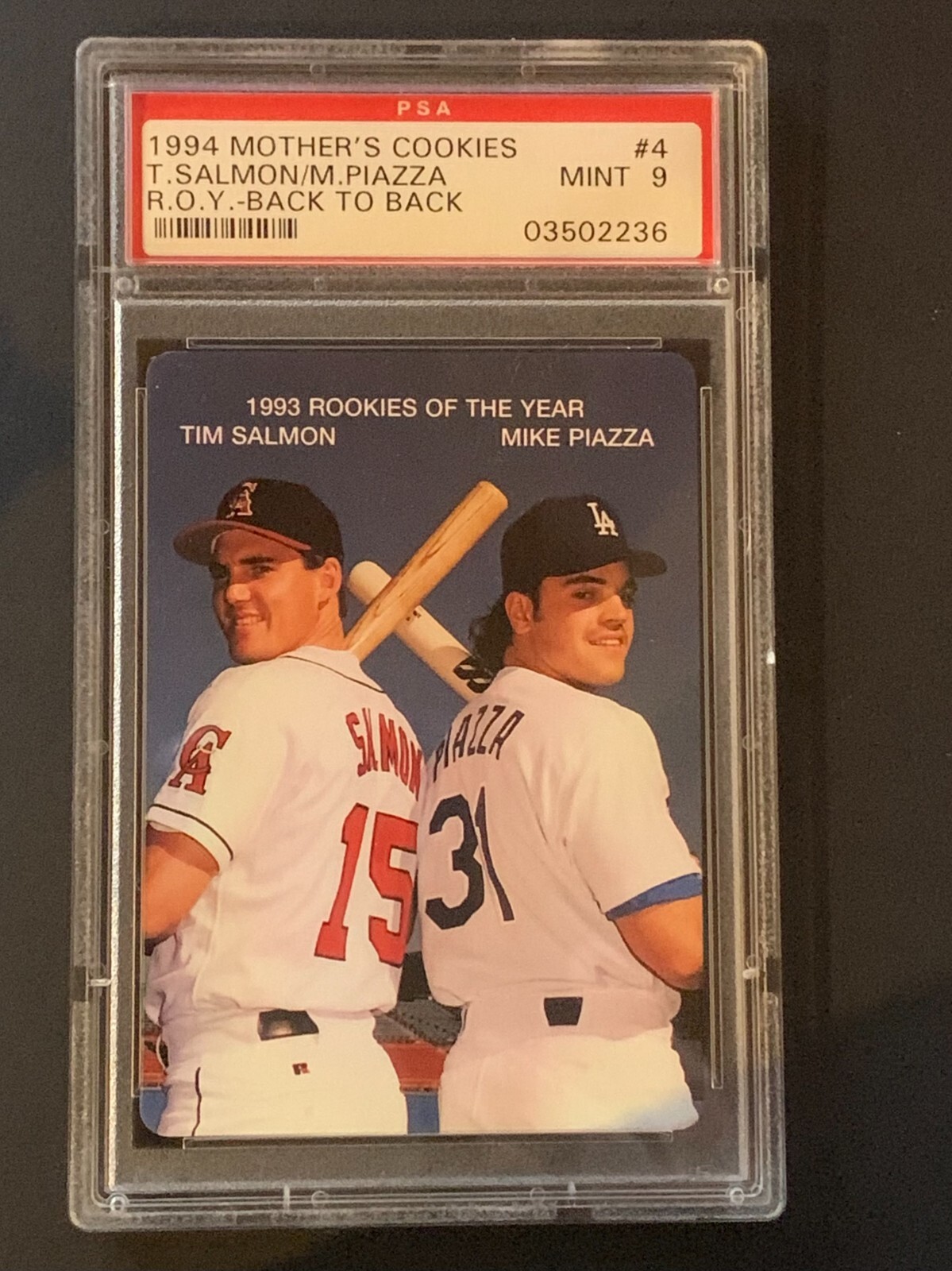 Mike Piazza & Tim Salmon 1994 Mothers Cookies Rookie of Year PSA Graded ...