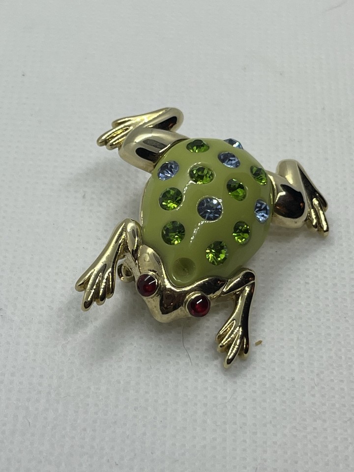 Goldtone FROG toad with Green imitation stone dotted w/ rhinestones ...