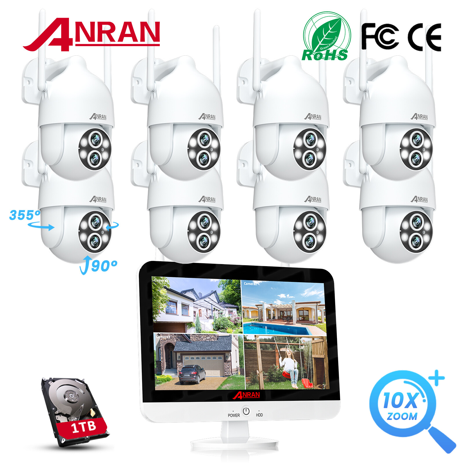 ANRAN Wireless Security Camera System CCTV WiFi 13" Monitor 8CH 3MP 2 ...