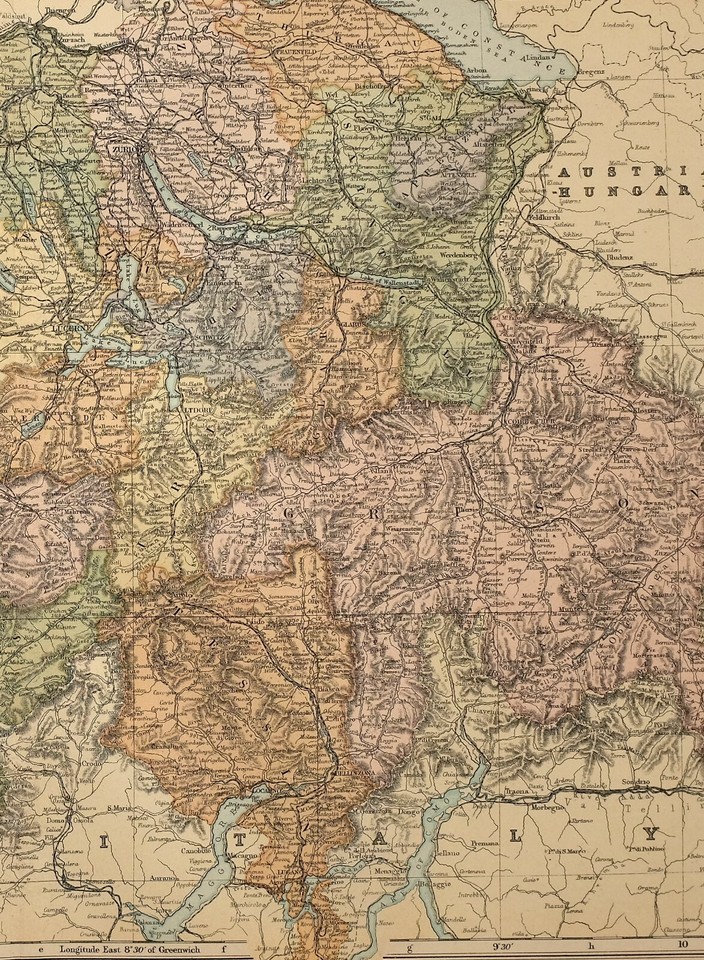 1908 MAP SWITZERLAND GRISON VALLAIS GENEVA BERN FRIBURG LUCERNE ZURICH ...