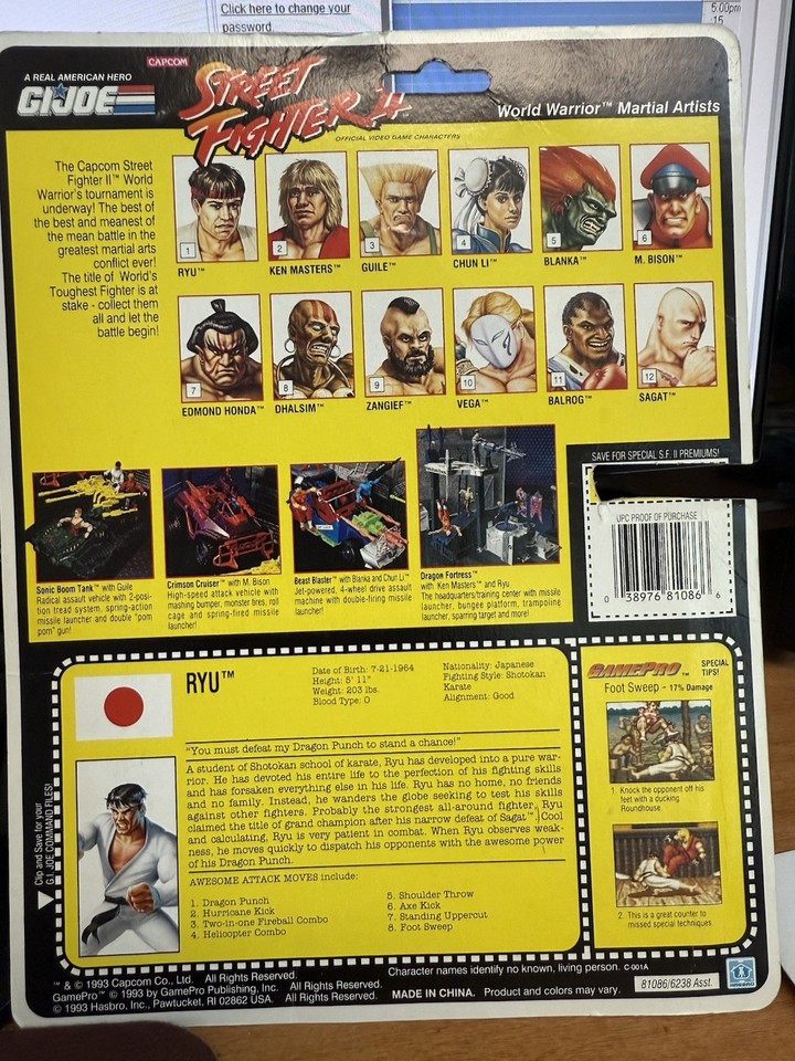 1993 Capcom GI Joe ARAH Street Fighter II RYU Back Card | eBay