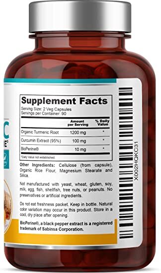 Organic Turmeric Curcumin 1310 mg 180 Vcaps with BioPerine - Powerful ...