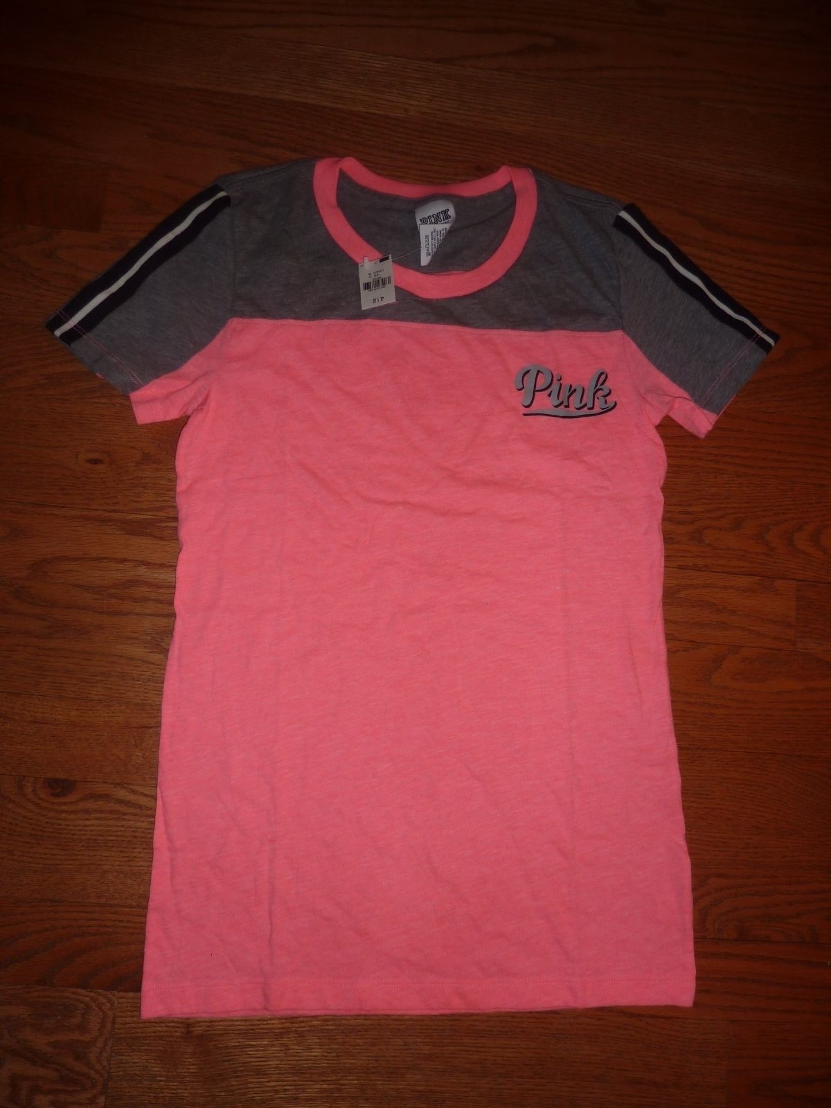 VICTORIAS SECRET PINK CURSIVE "PINK" STRIPED SLEEVES SCOOPNECK TEE NWT ...