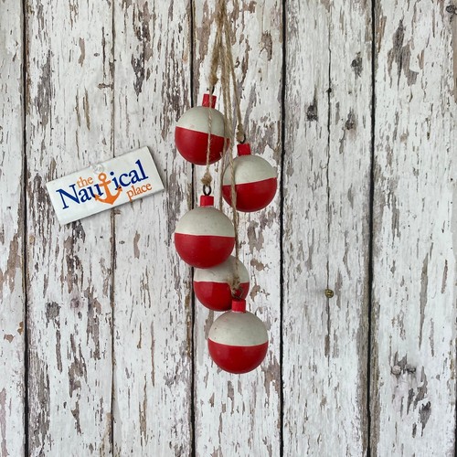 5 Wood Bobbers On Jute Rope, Distressed Red & White Fish Net Floats ...