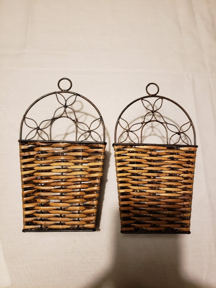 Pair of Vintage Metal and Wicker Wall Pockets Decor | eBay
