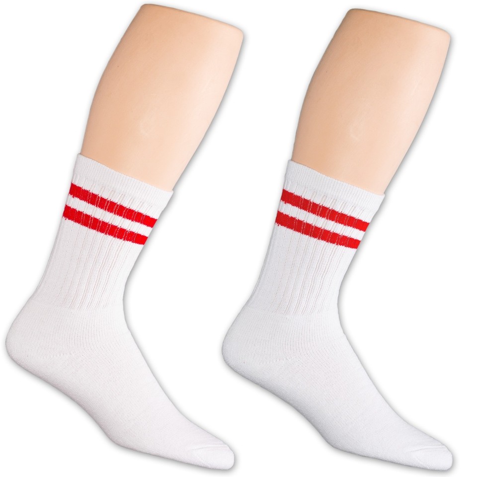 12 Pairs 1 Dozen Crew White Socks with 2 Red Stripes Classic Retro Old ...