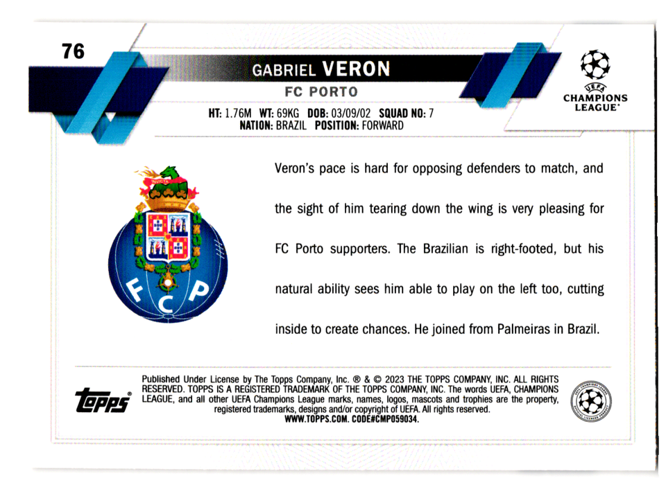 2022-23 UEFA Champions League Base Card #76 Gabriel Veron - FC Porto RC ...