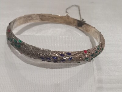 Vtg FAS sterling silver HINGED BANGLE BRACELET 925 Multicolor gold tone ...