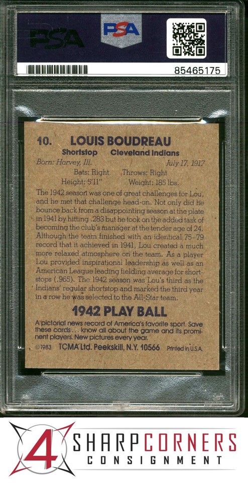 1983 TCMA 1942 PLAY BALL TRADING CARD #10 LOU BOUDREAU PSA AUTHENTIC ...