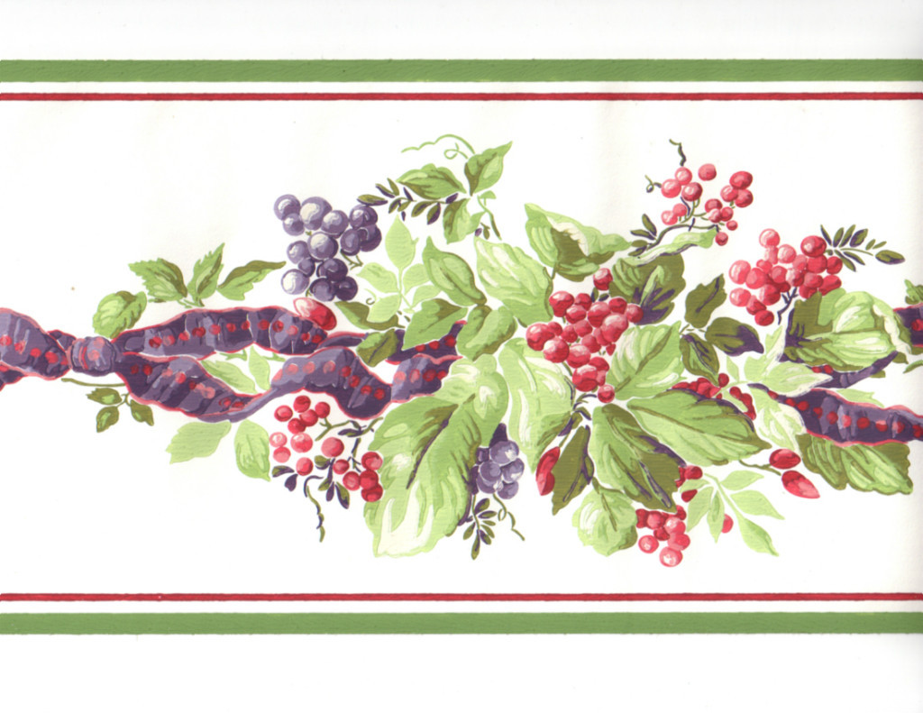 Red Berry Purple Ribbon Grape Garland Green Ivy Leaf Vine Wall paper ...