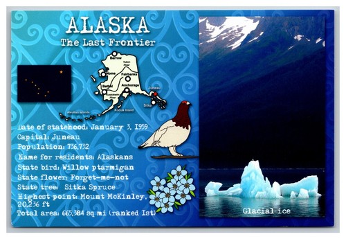 AK Alaska Last Frontier State Facts Map Bird Mtn Glacier 6x4 Size Unp ...