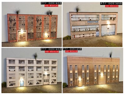 HO Scale Industrial #’s 1,2,3,4 Building Flats Lot, 3D Background w/LED ...