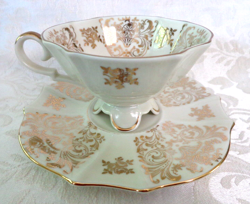 ALKA White and Gold Rose Filigree Wide Mouth Tea Cup & Saucer W ...