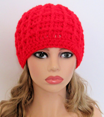 HANDMADE BEANIE HAT CAP CHEMO BRIGHT RED WAFFLE TEXTURED CROCHET ...