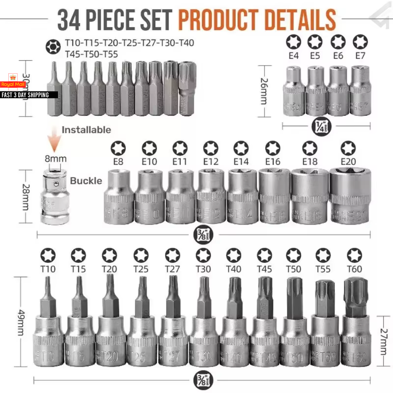 TRD for 34Pcs Torx Star Sockets & Bit Set Handheld Tool Male / Female E ...