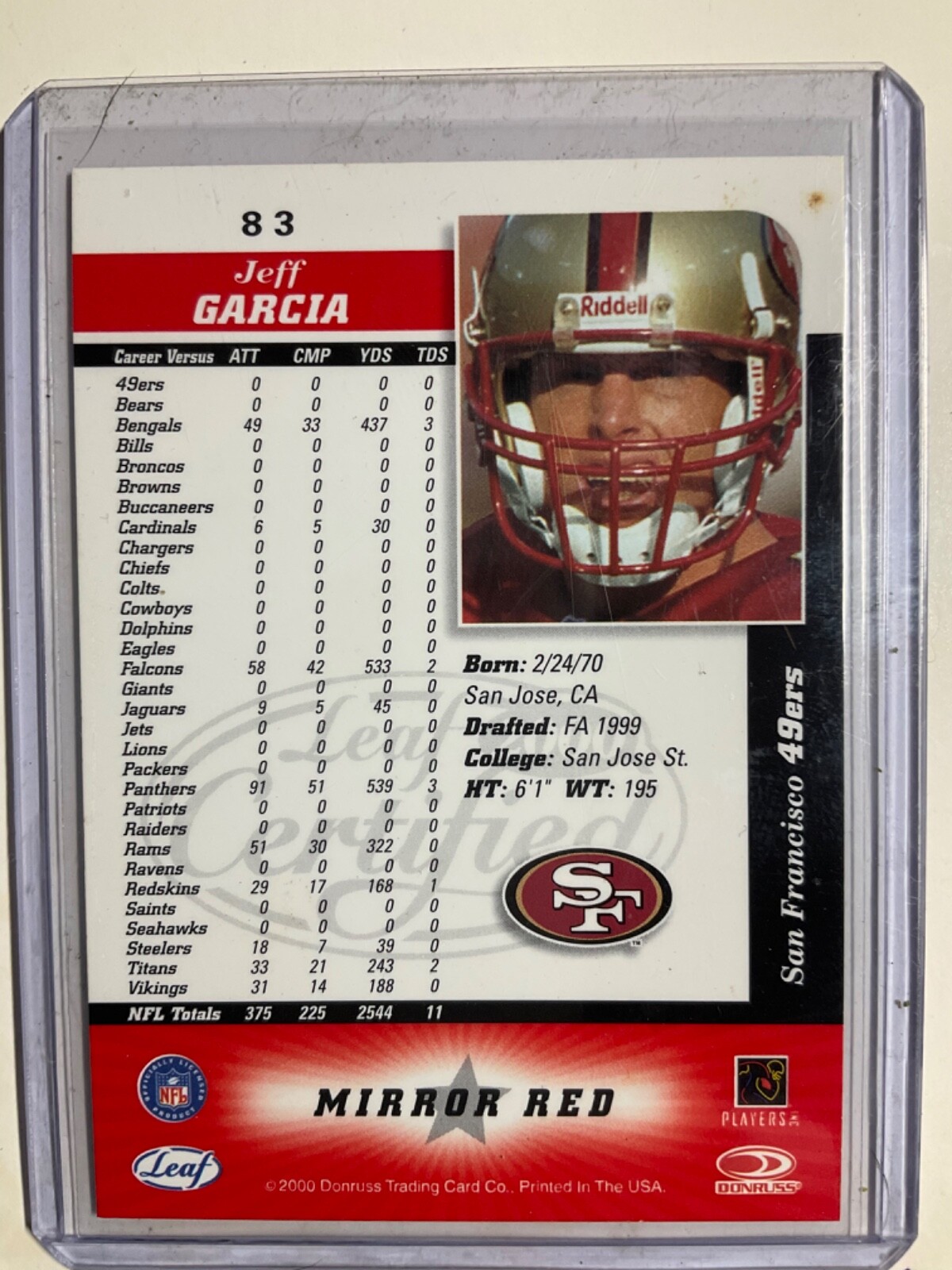 2000 Leaf Certified Mirror Red 49ers Football Card #83 Jeff Garcia MINT ...