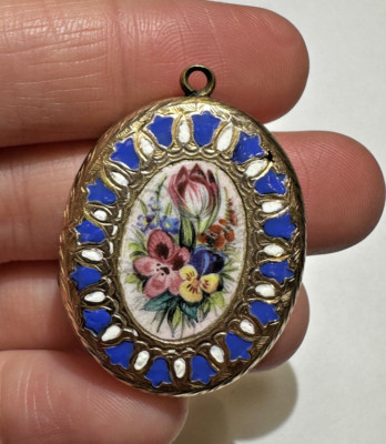 Victorian 14k Yellow Gold Front Back Locket Blue Enamel Flower 8.5g ...