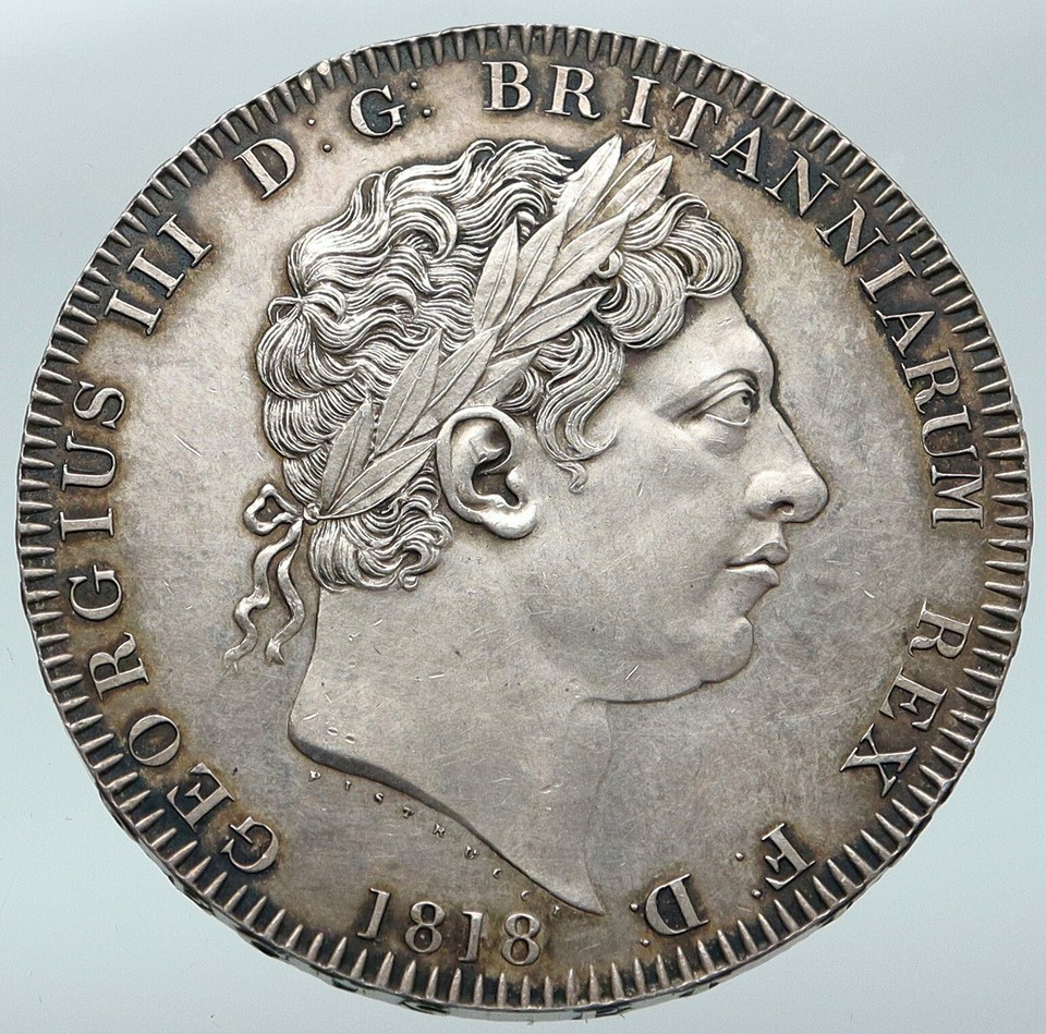 1818 GREAT BRITAIN UK King George III VINTAGE Antique Silver CROWN Coin ...