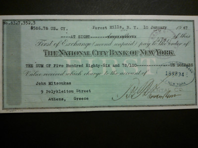 BANK check -THE NATIONAL CITY BANK OF NEW YORK 10-01-1947 | eBay
