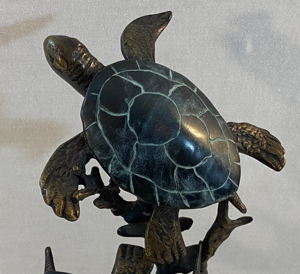 SPI San Pacific International Bronze Sea Turtle & Fish Sculpture ~11 1/ ...
