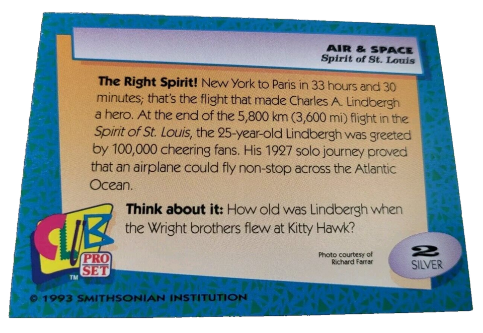 1992 Club Pro Set Air & Space Spirit of St Louis #2 Trading Card ...
