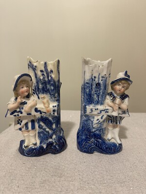 ATG Pair Cold Paste Porcelain French Boy &Girl W/bird Blue White Bud ...