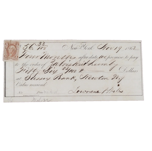 1862 Bank Check Promissory Note Antique Ephemera Sussex Bank Newton NY ...