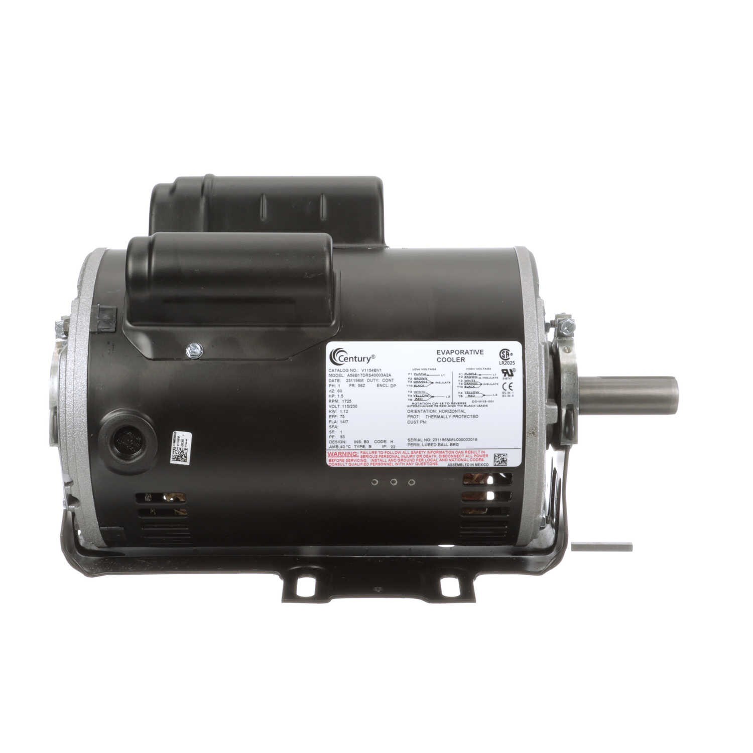 Century V1154BV1 Electric Motor 1.5 HP 1800 Rpm 1PH 115/230 Volt 56Z ...