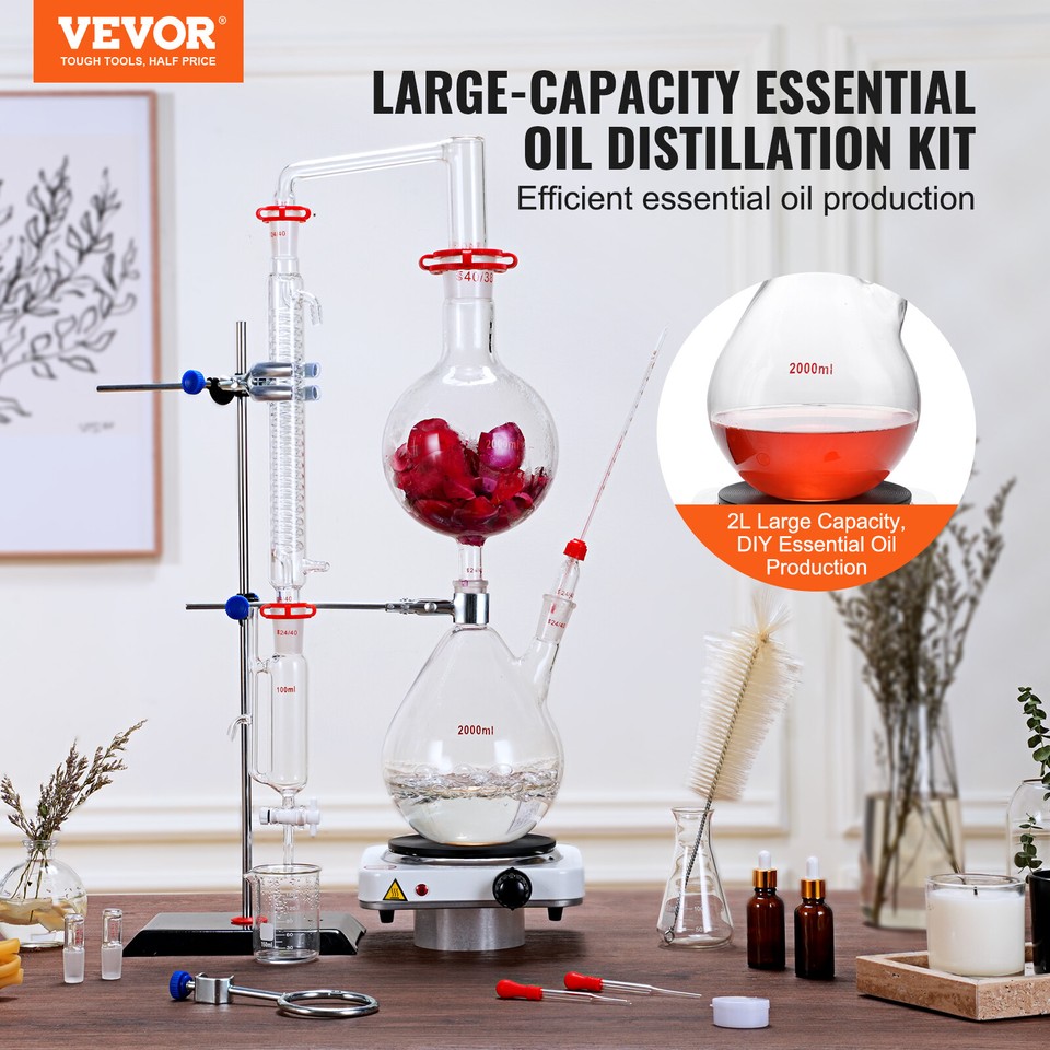 VEVOR 2L Essential Oil Steam Distillation Kit Distillation Apparatus 28 ...