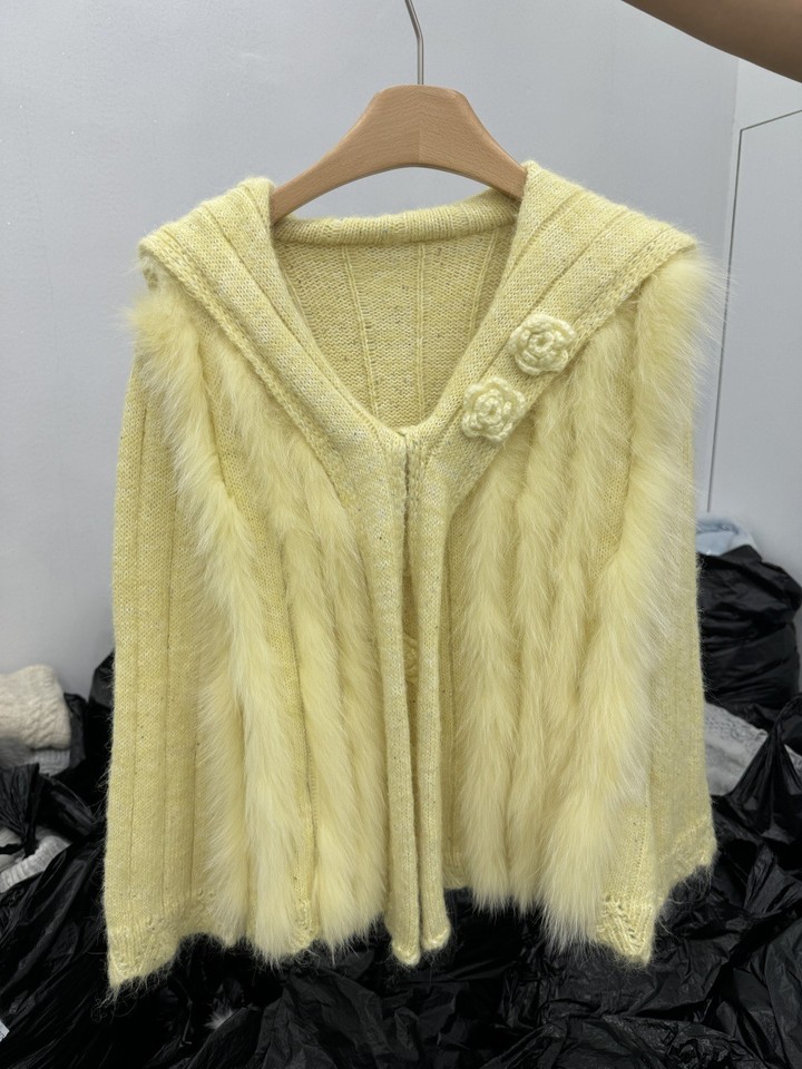 Womens Real Fox Fur Knitted Cardigan Jacket Navy Collar Sweet Fashion ...
