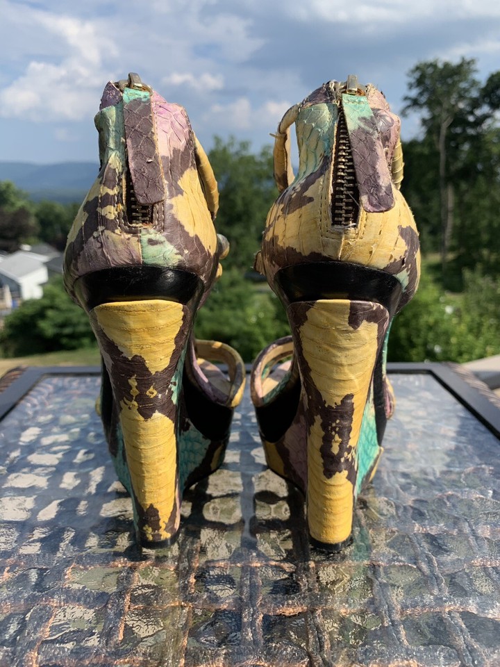 $395 Rachel Zoe Python Snake Skin Katia T Strap Rainbow Platform Wedges ...