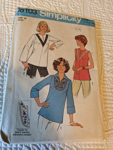 Vintage Simplicity Pattern 8103 Women Tunics 70's 14 36 Embroidery 1977 ...