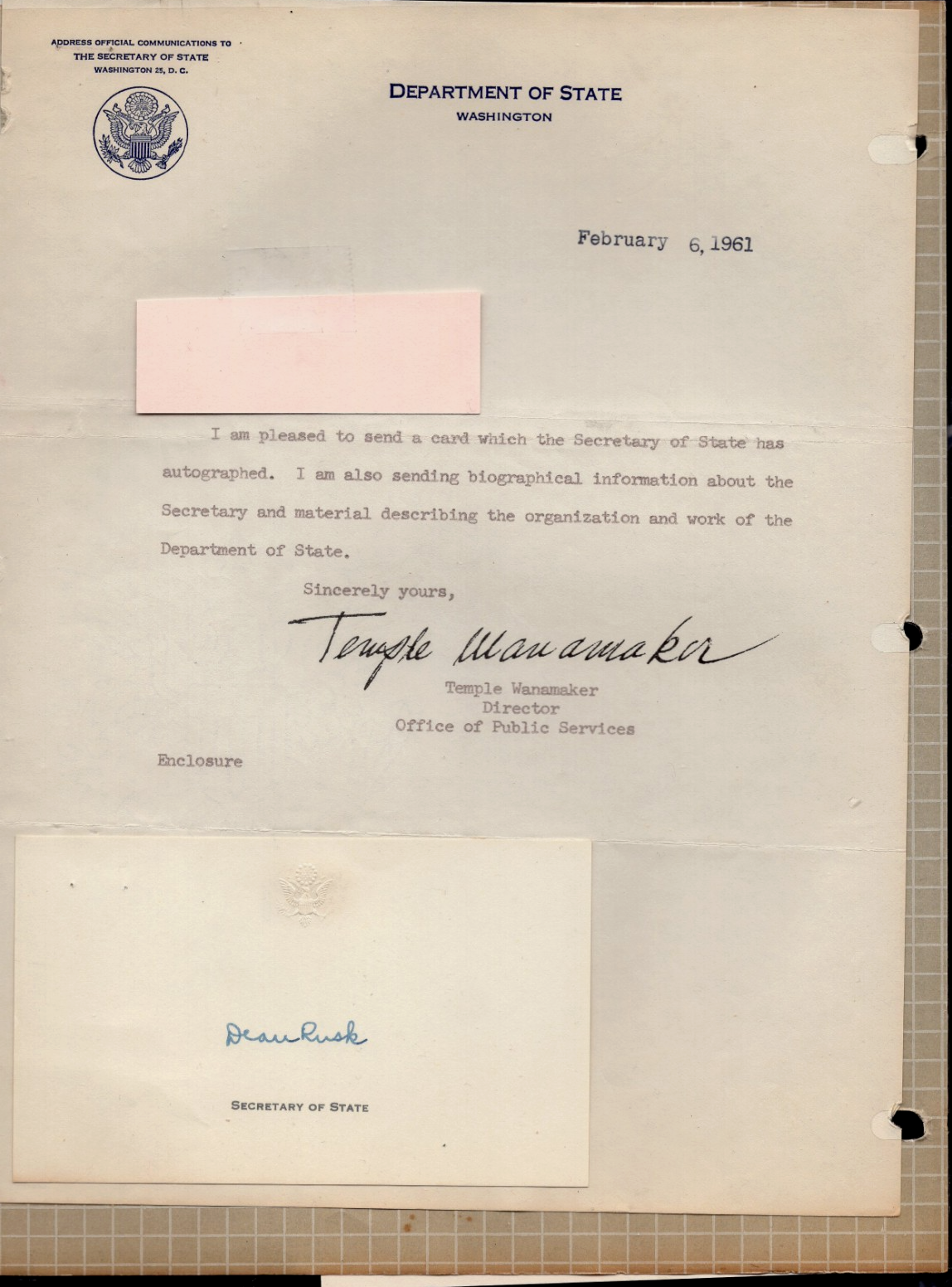 TEMPLE WANAMAKER & DEAN RUSK DEPARTMENT OF STATE- LETTER SIGNED AUTO ...