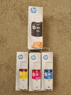 HP 32XL Black & HP 31 Cyan Magenta Yellow Genuine Ink Bottles, 135ml ...