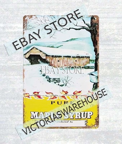pure maple syrup cabin tree harvesting collecting metal tin sign ...