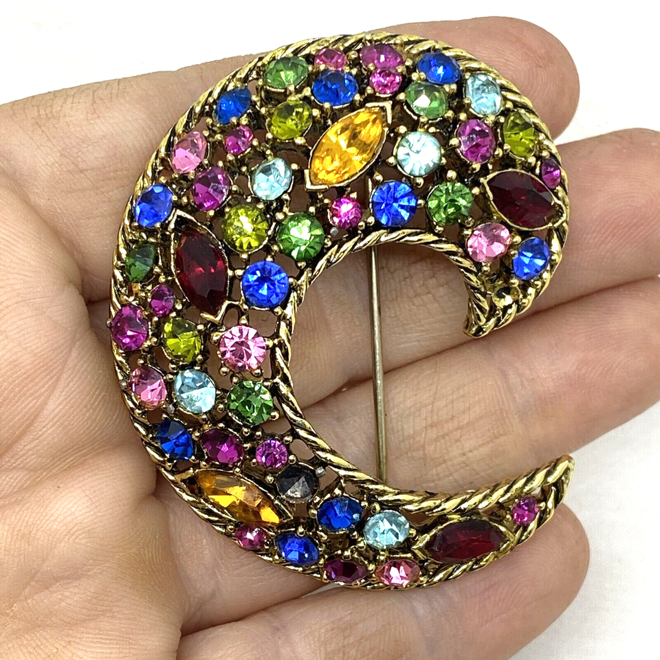 Vintage Weiss Pin Brooch Multi Color Rainbow Rhinestone Crescent ...