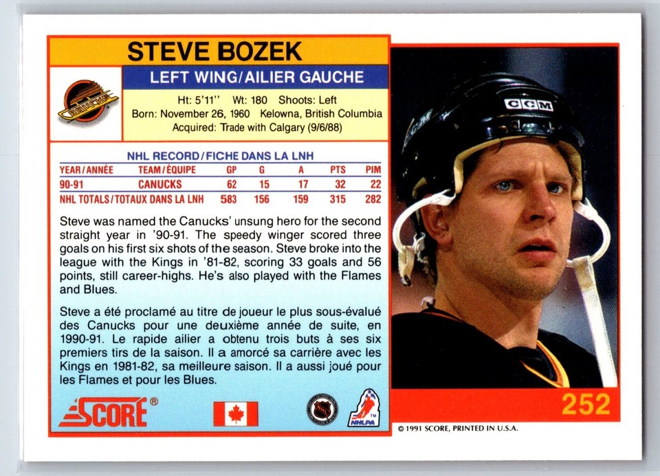 1991-92 Score Canadian Bilingual Steve Bozek Vancouver Canucks #252 | eBay