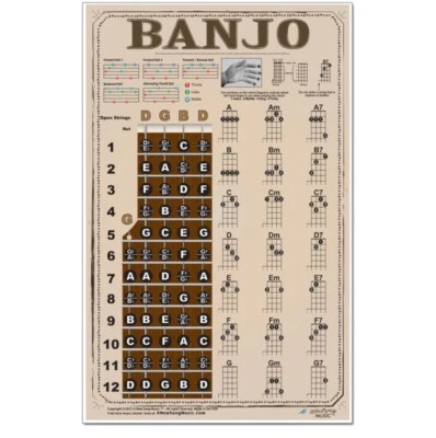 LAMINATED Banjo Chord Chart Poster Fretboard | Grelly USA