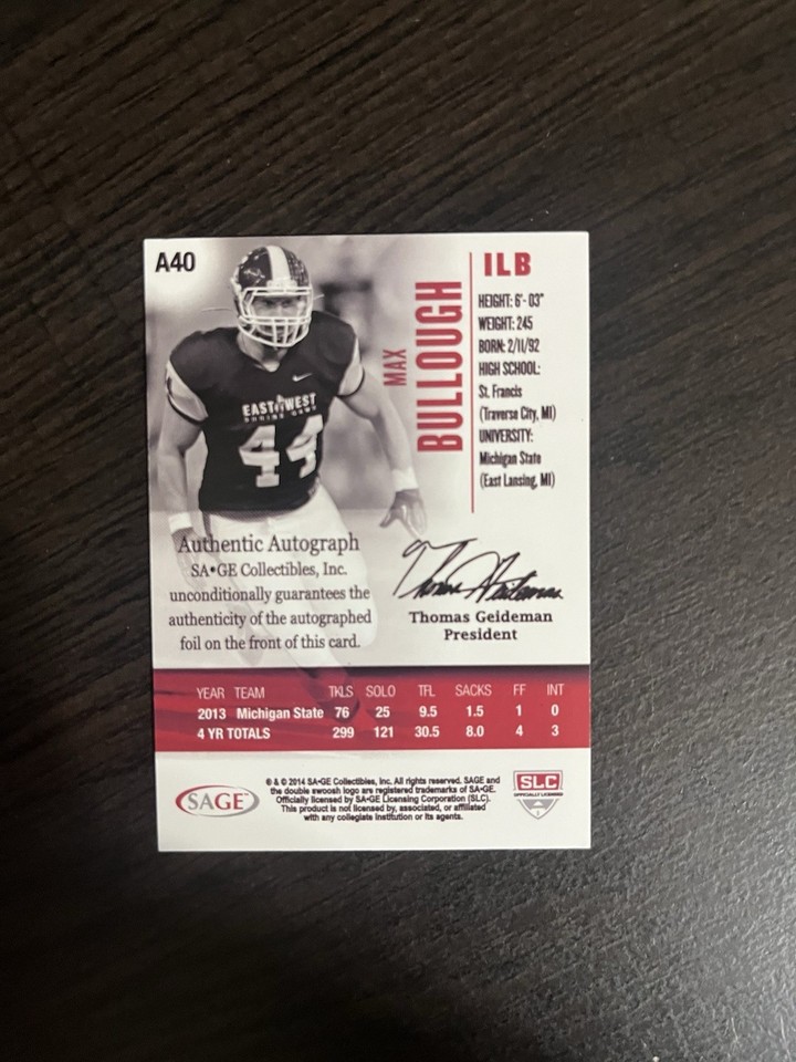 2014 SAGE Hit - Autographs Max Bullough #A40 Black (AU, RC) | eBay