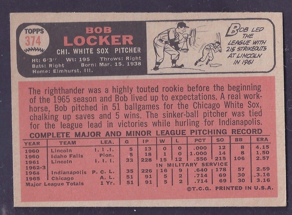 1966 Topps #374 Bob Locker Chicago White Sox EX-MT | eBay