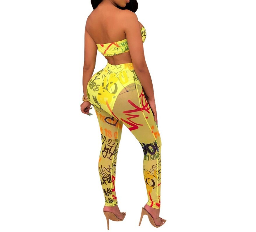 USA Women Mesh See Though Letter Print Strapless Top+Pencil Pants Beach ...