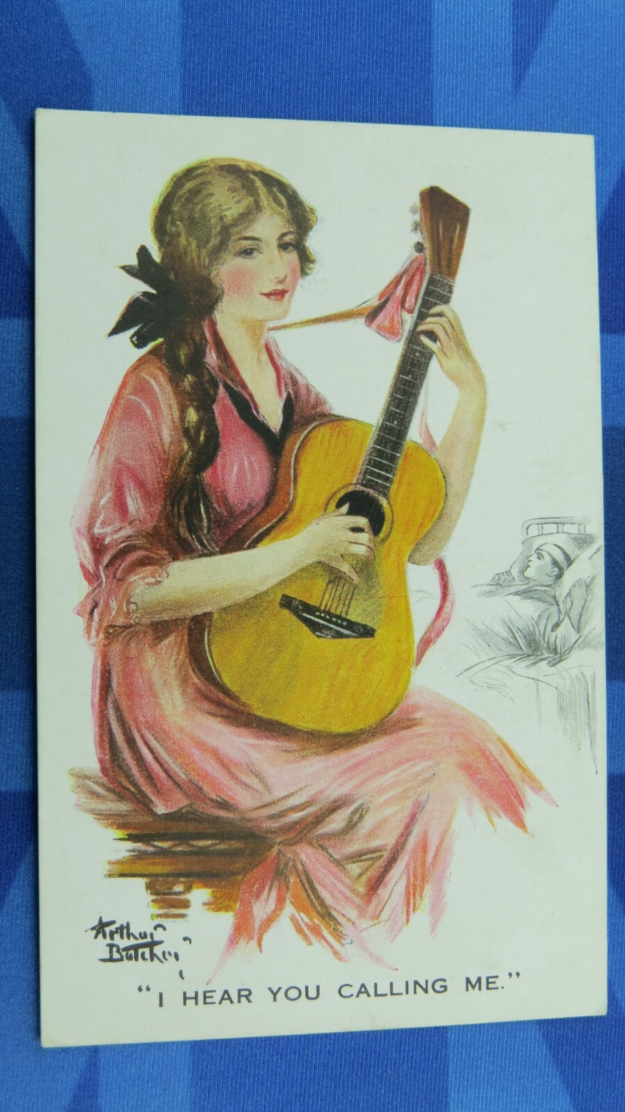 WW1 Arthur Butcher Postcard 1914 1918 Sweetheart Guitar Player HEAR YOU ...