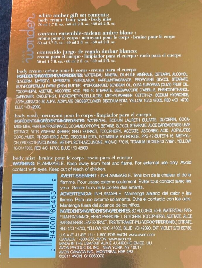 Avon Wonder White Amber Gift Set - Body Cream, Body Wash & Body Mist ...