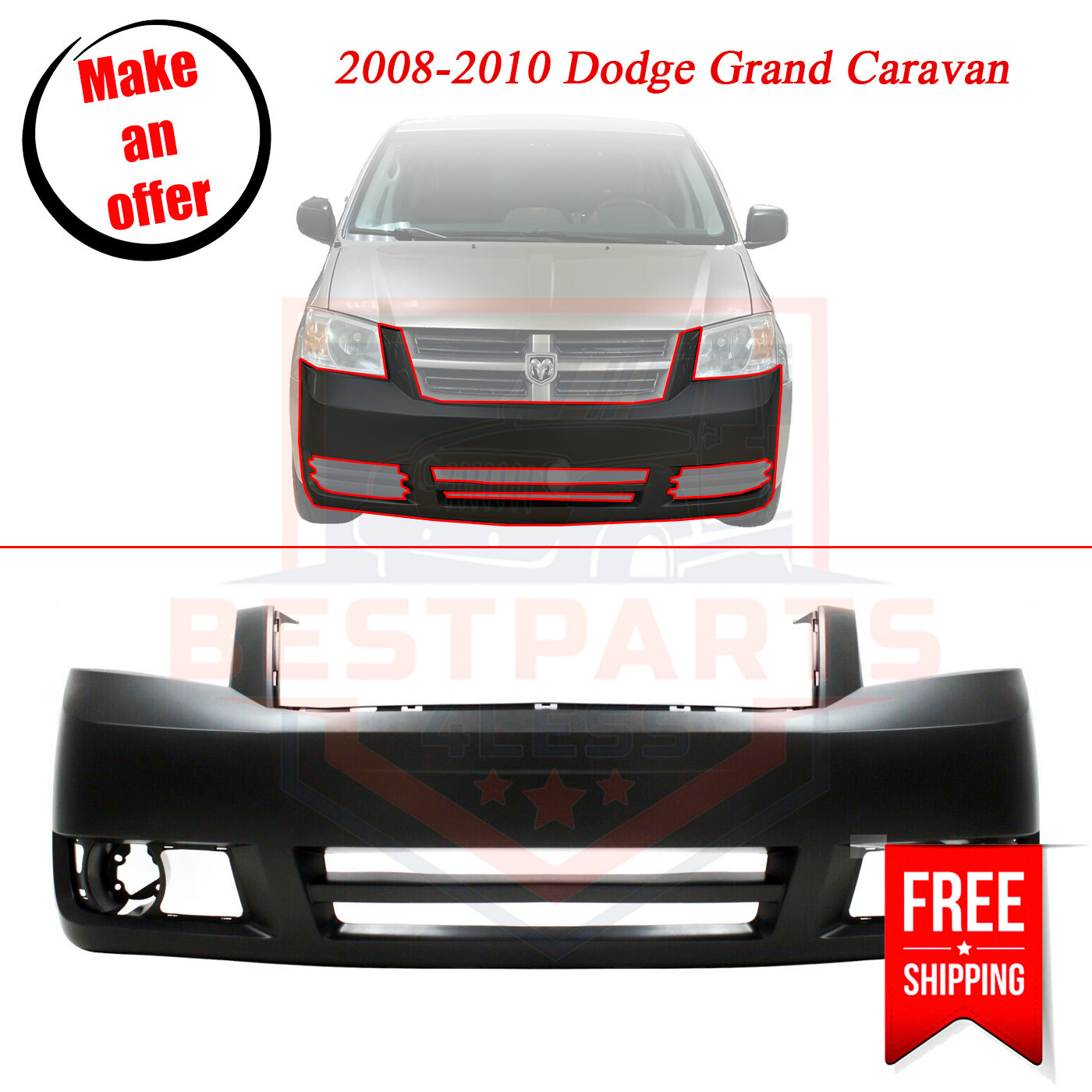 Front Bumper Cover CH1000931 Primed for 2008-2010 Dodge Grand Caravan ...