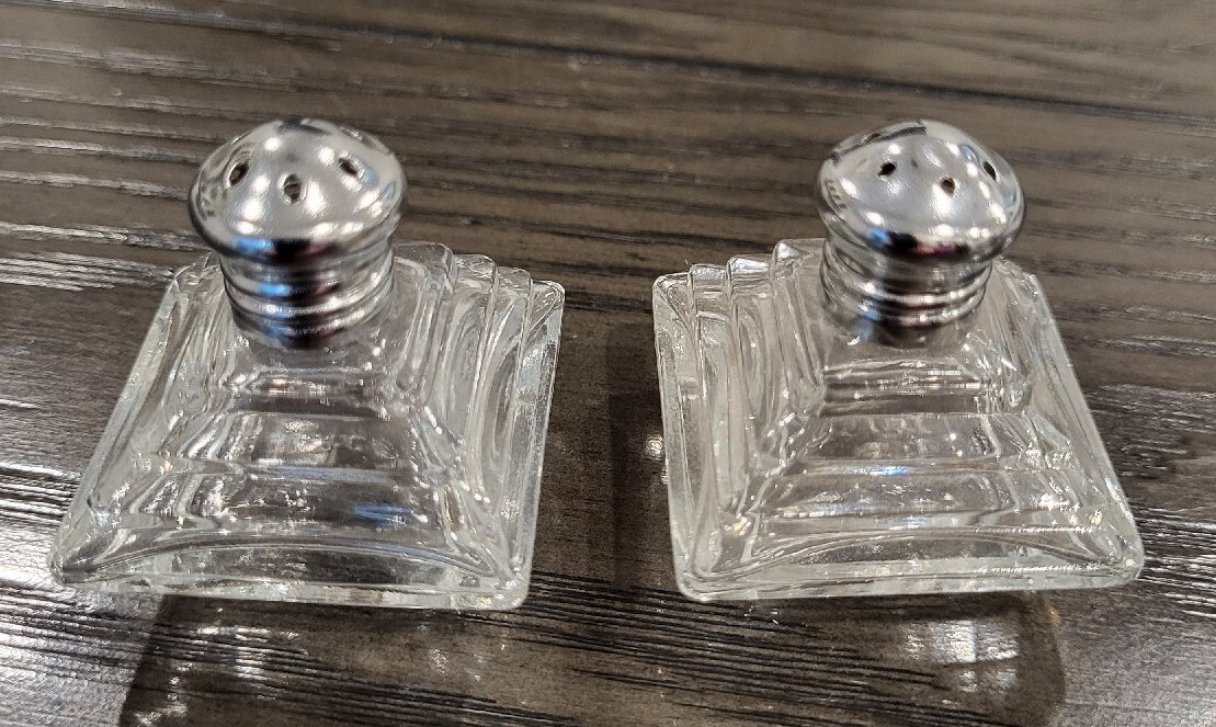 Vintage Glass Salt & Pepper Shakers w/ Caddy Pyramid Design Glass Irice ...