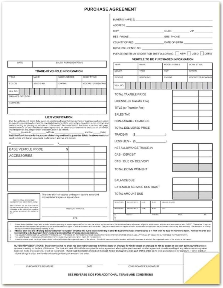 Vehicle Purchase Agreement Forms (2-Part) (100 per Pack) | eBay