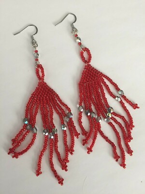 Long Red Beaded with Crystals Dangle Earrings | eBay