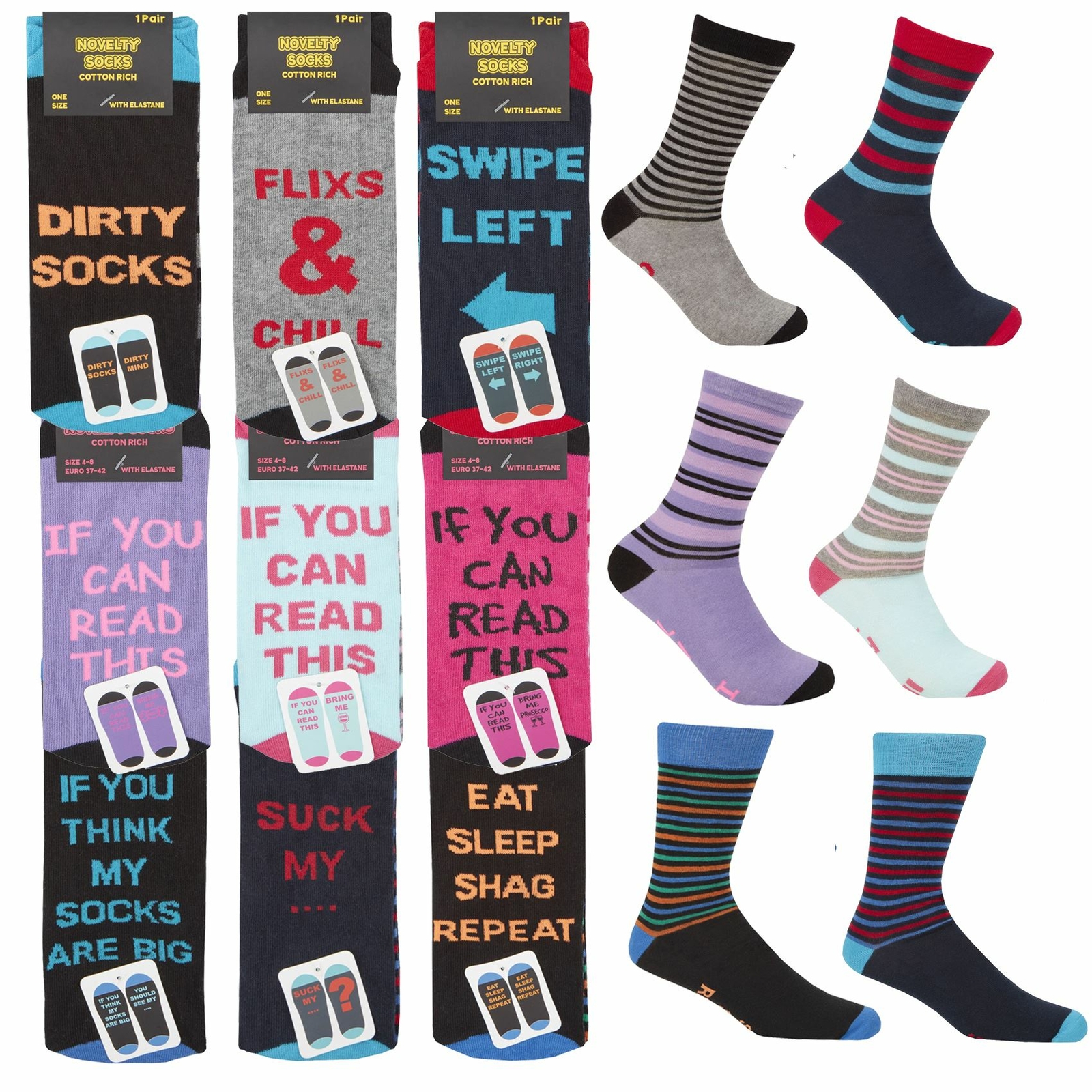3 Pairs Mens Ladies Rude Slogan Novelty Stripe Cotton Socks 6-11, 4-8 ...